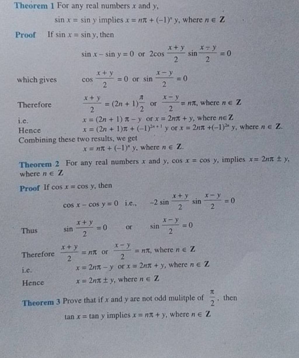 Theorem 1 For any real numbers x and y, sinx=siny implies x=nπ+(−1)ny, wh..