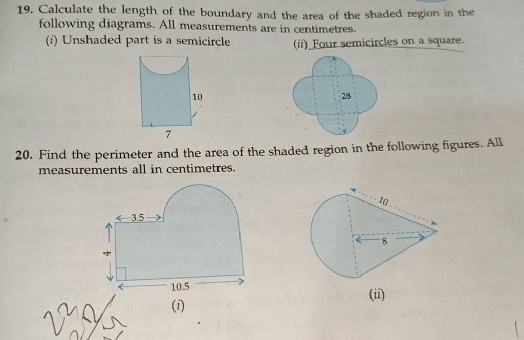 19. Calculate the length of the boundary and the area of the shaded regio..