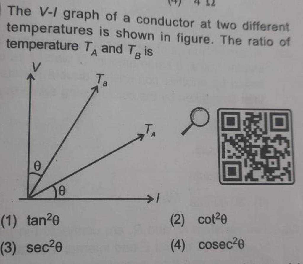 The V−I graph of a conductor at two different temperatures is shown in fi..