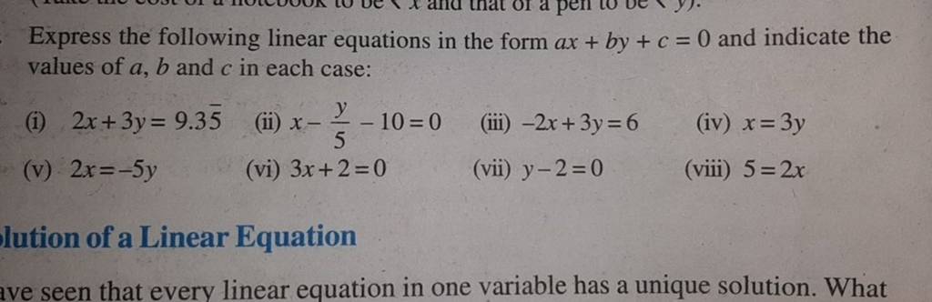 Express the following linear equations in the form ax+by+c=0 and indicate..