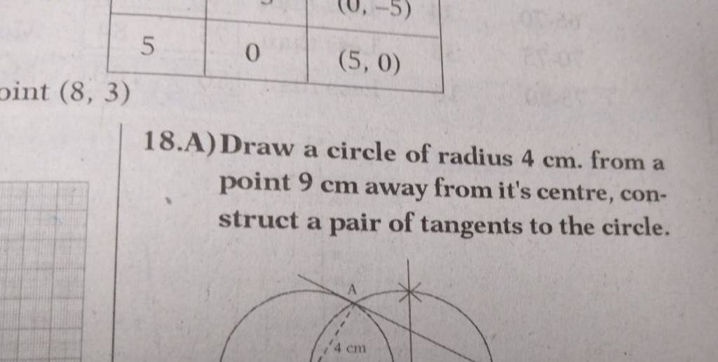 18.A) Draw a circle of radius 4 cm. from a point 9 cm away from it's cent..