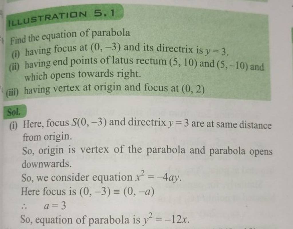 ILLUSTRATION 5.1 Find the equation of parabola (i) having focus at (0,−3)..