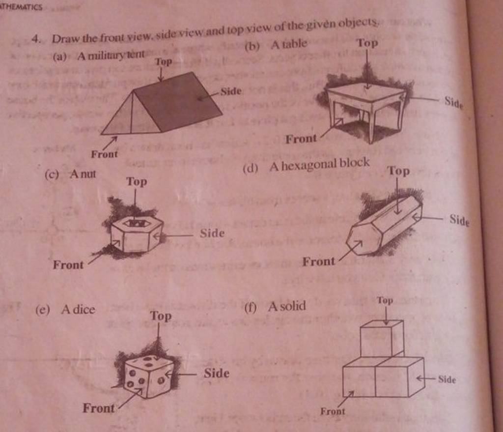 4. Draw the front view. side view and top view of the given objects. (b)