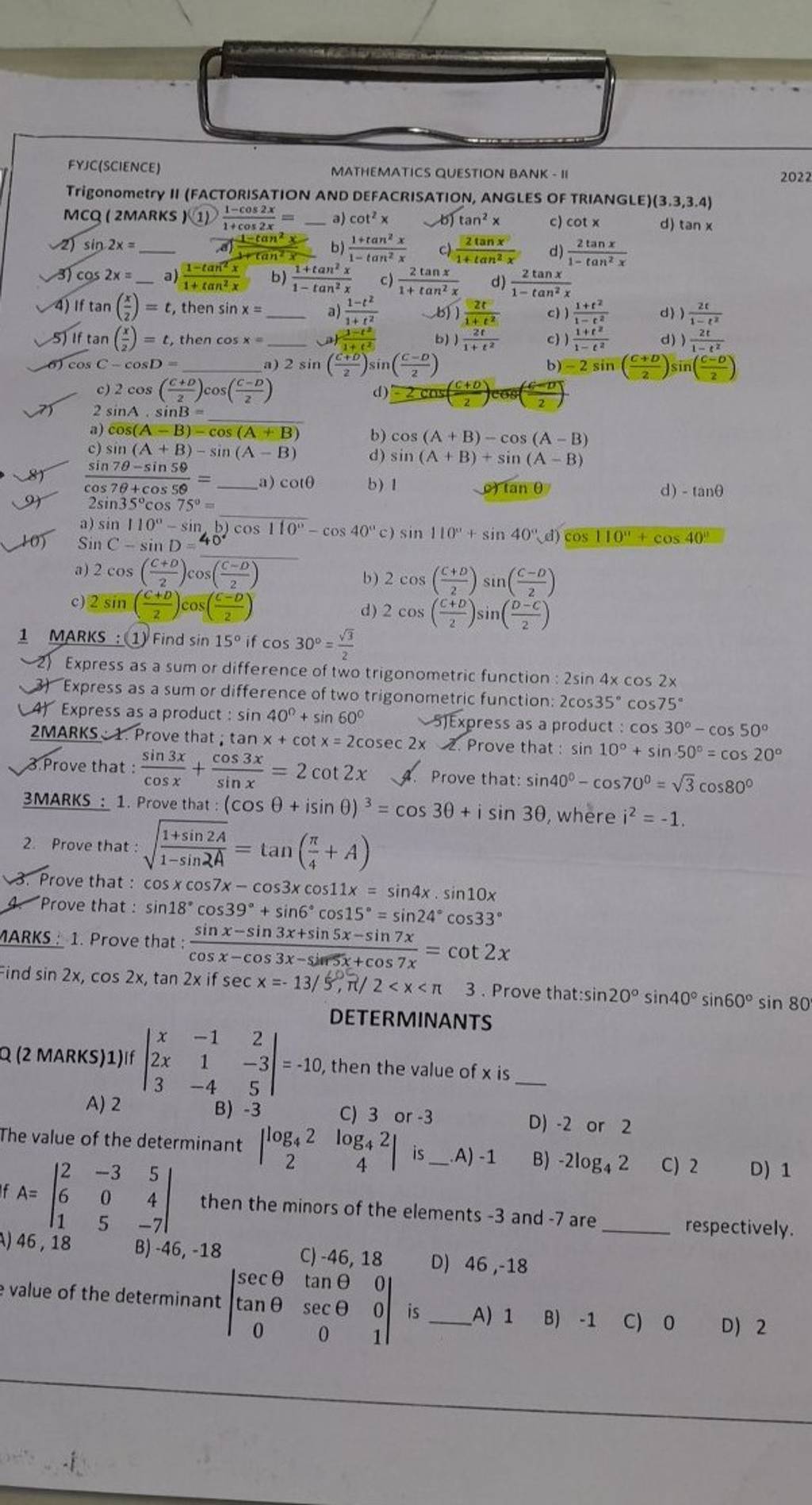 FYSC(SCIENCE) MATHEMATICS QUESTION BANK - II Trigonometry II (FACTORISATI.. FYSC(SCIENCE) MATHEMATICS QUESTION BANK - II Trigonometry II (FACTORISATI..