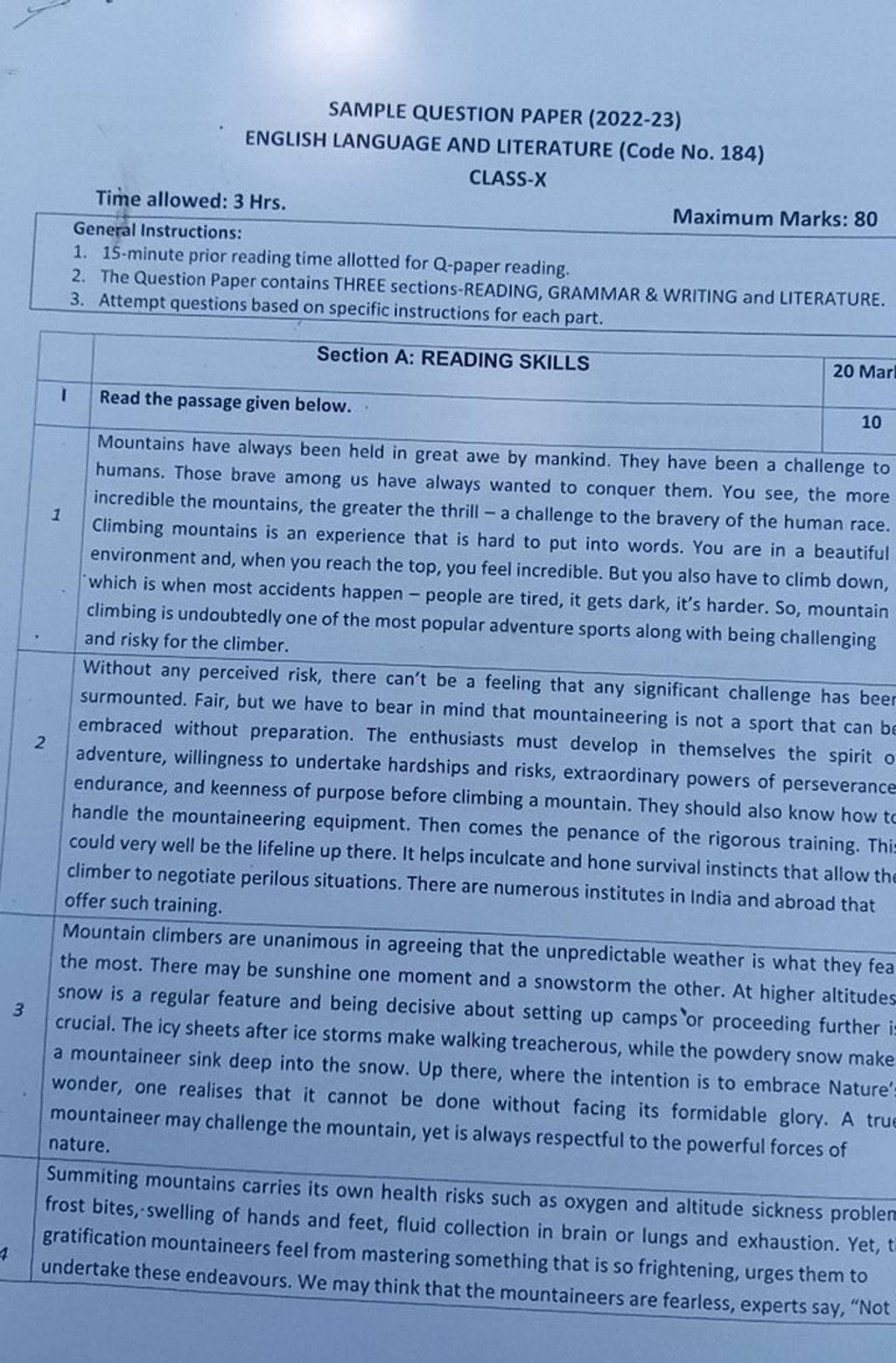 SAMPLE QUESTION PAPER (2022-23) ENGLISH LANGUAGE AND LITERATURE (Code No...