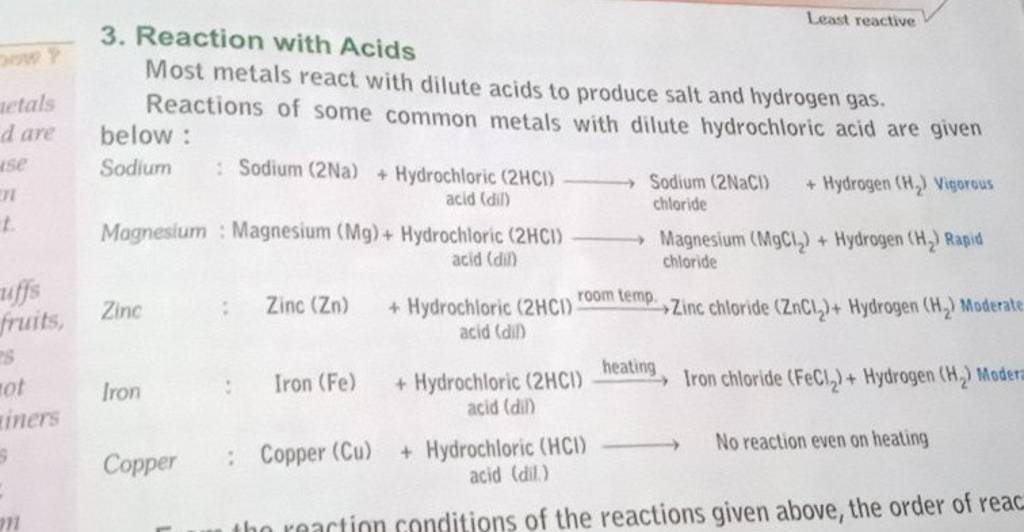 3. Reaction with Acids Most metals react with dilute acids to produce sal..