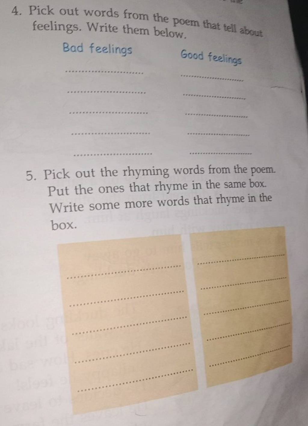 4. Pick out words from the poem that tell about feelings. Write them belo..