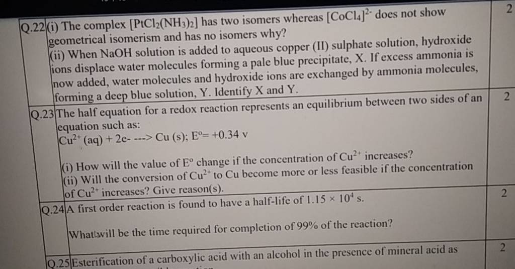 Q.22(i) The complex [PtCl2 (NH3 )2 ] has two isomers whereas [CoCl4 ]2− d..
