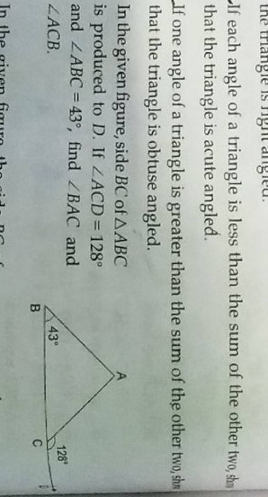 If each angle of a triangle is less than the sum of the other two, shn th..