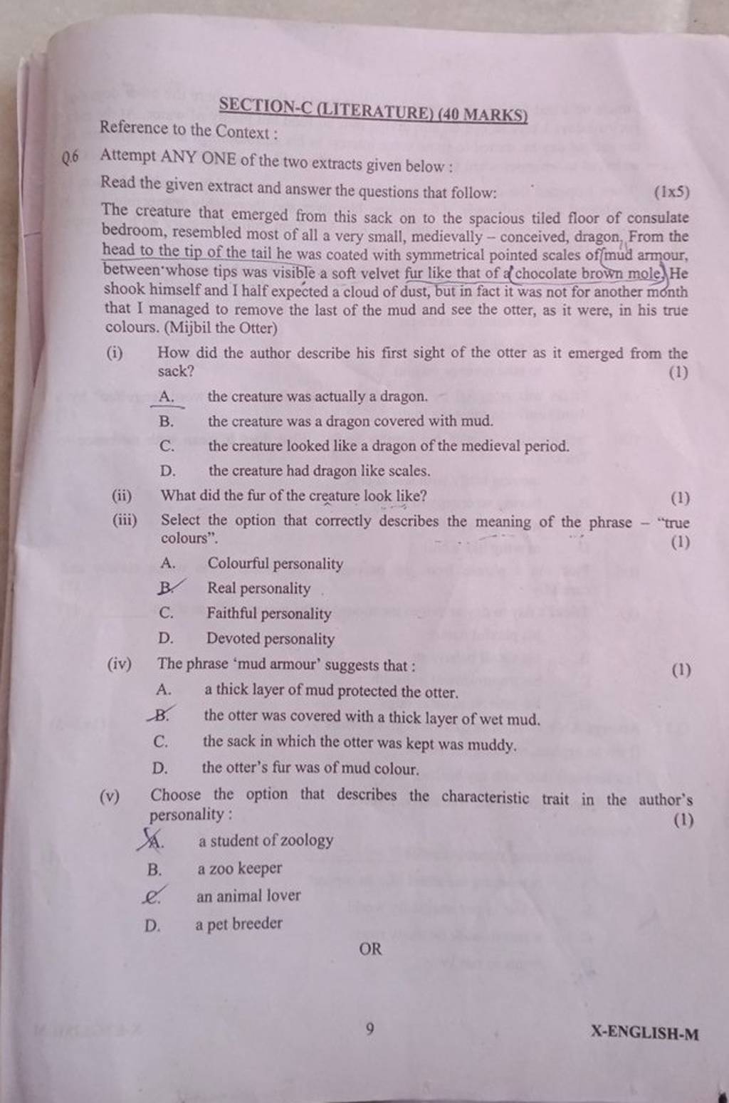 SECTION-C (LITERATURE) (40 MARKS) Reference to the Context : Q.6 Attempt