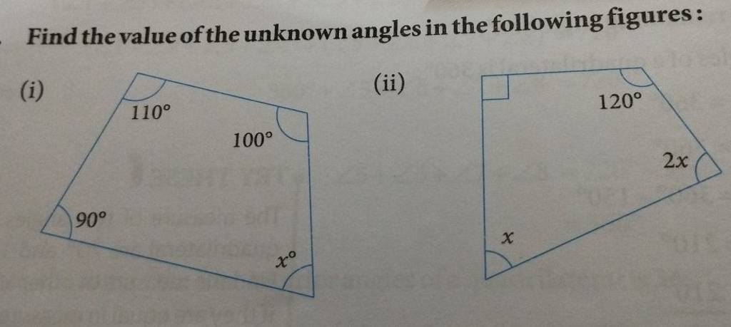 Find the value of the unknown angles in the following figures: (i) (ii)..