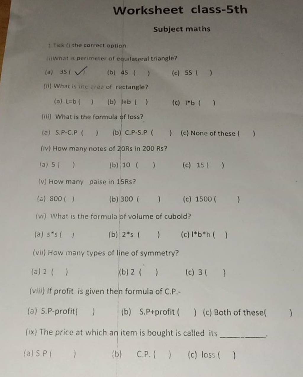 Worksheet class-5th Subject maths 2. Tick () the correct option. wWhat is..