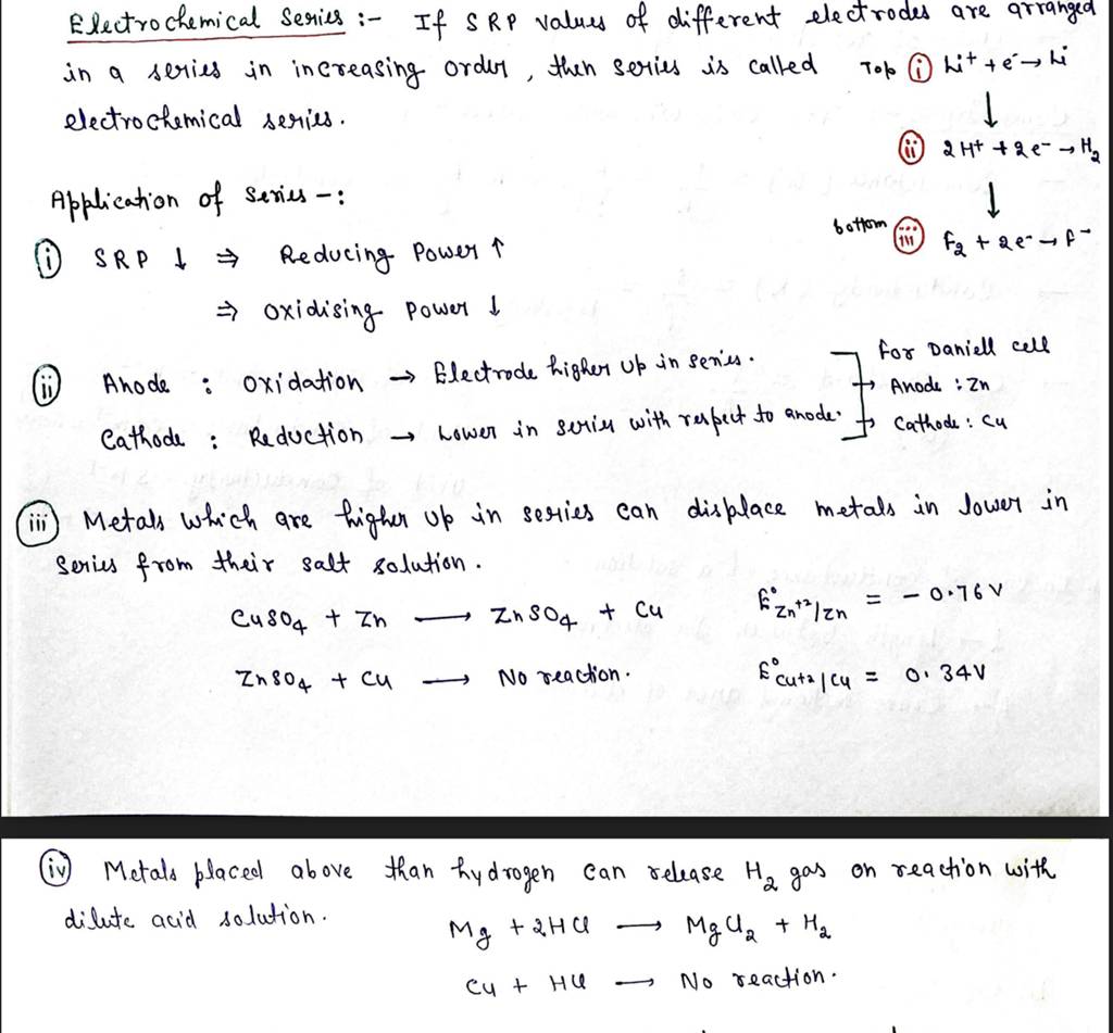 Electrochemical series:- If SRP values of different electrodes are arrang..