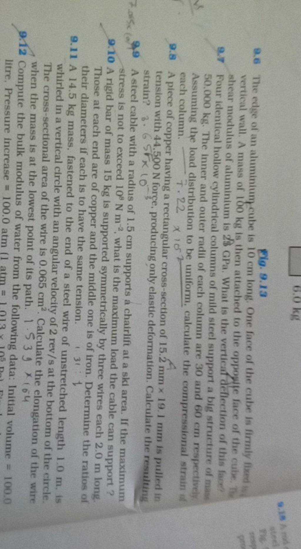 Q.6 The edee of an aluminium cube is Fig. 9.13 vertical wall. A mass of 1..