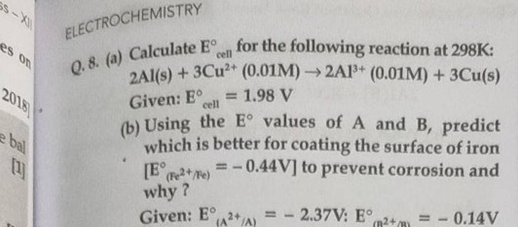 ELECTROCHEMISTRY Q.8. (a) Calculate E∘cell for the following reaction a..