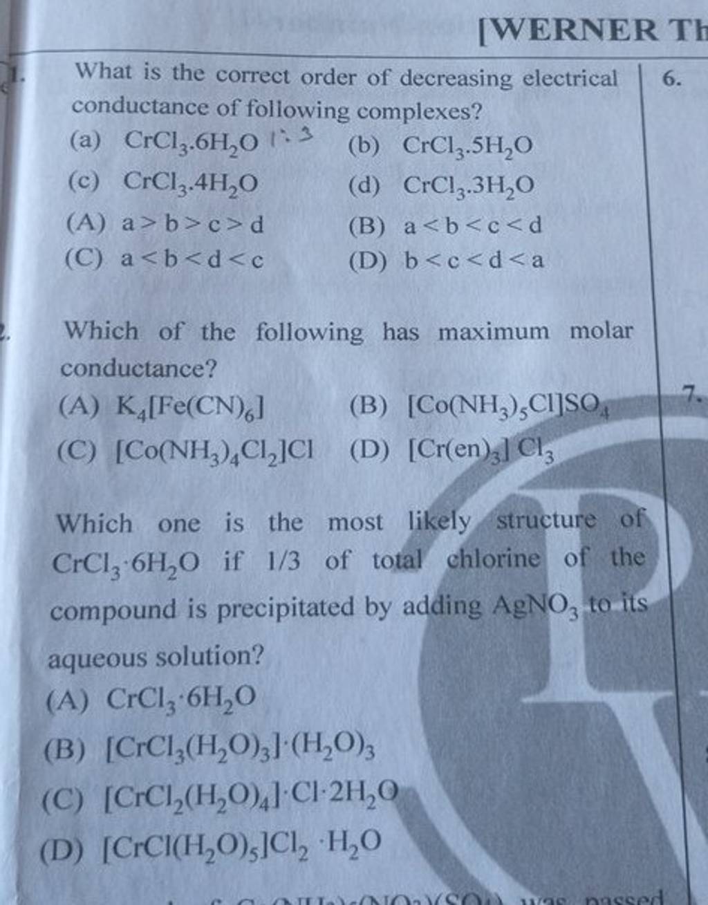 [WERNER T What is the correct order of decreasing electrical conductance