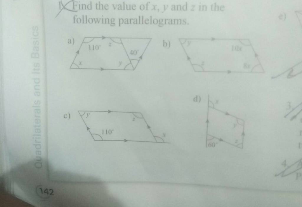 Find the value of x,y and z in the following parallelograms. a) b) d) c)