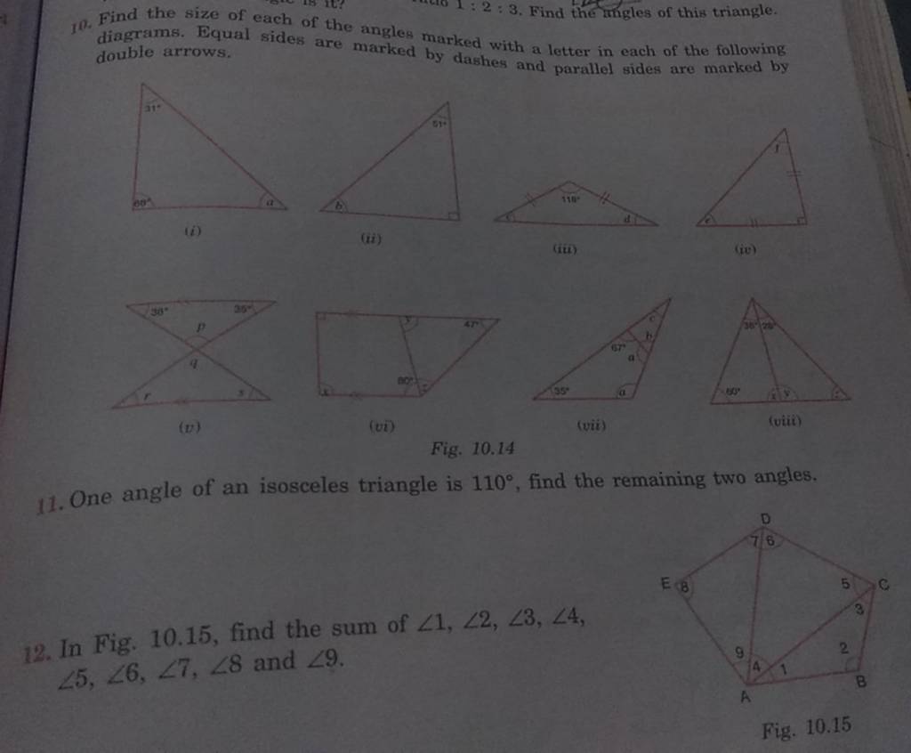 10. Find the size of each of the angles marked with a letter in each of t..