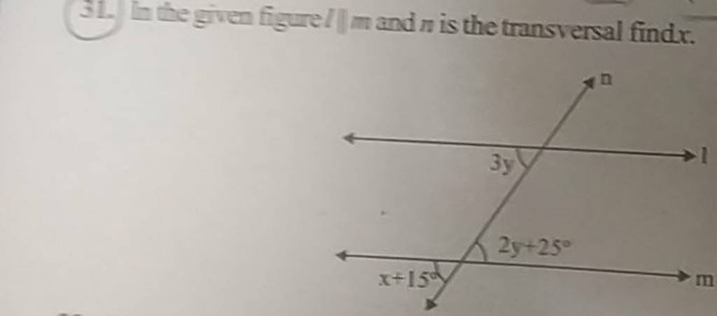 31. Wh the given figure l/m and n is the transversal find x. | Filo