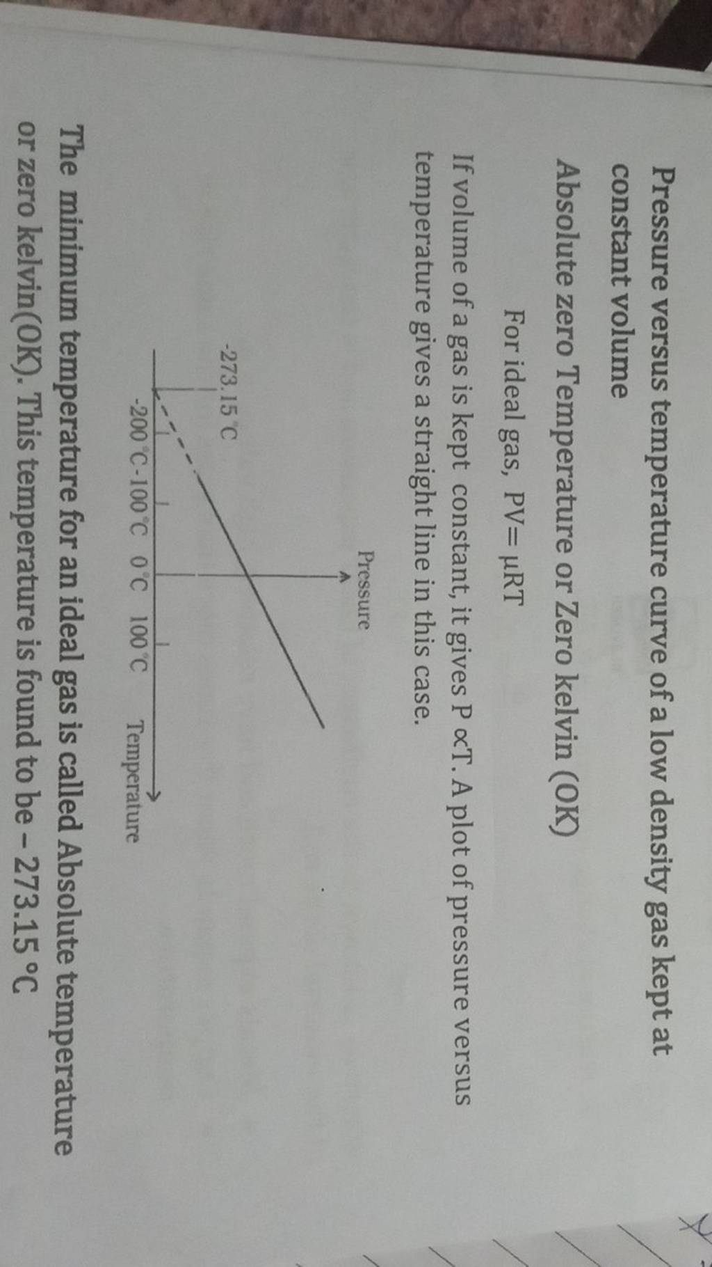 Pressure versus temperature curve of a low density gas kept at constant v..