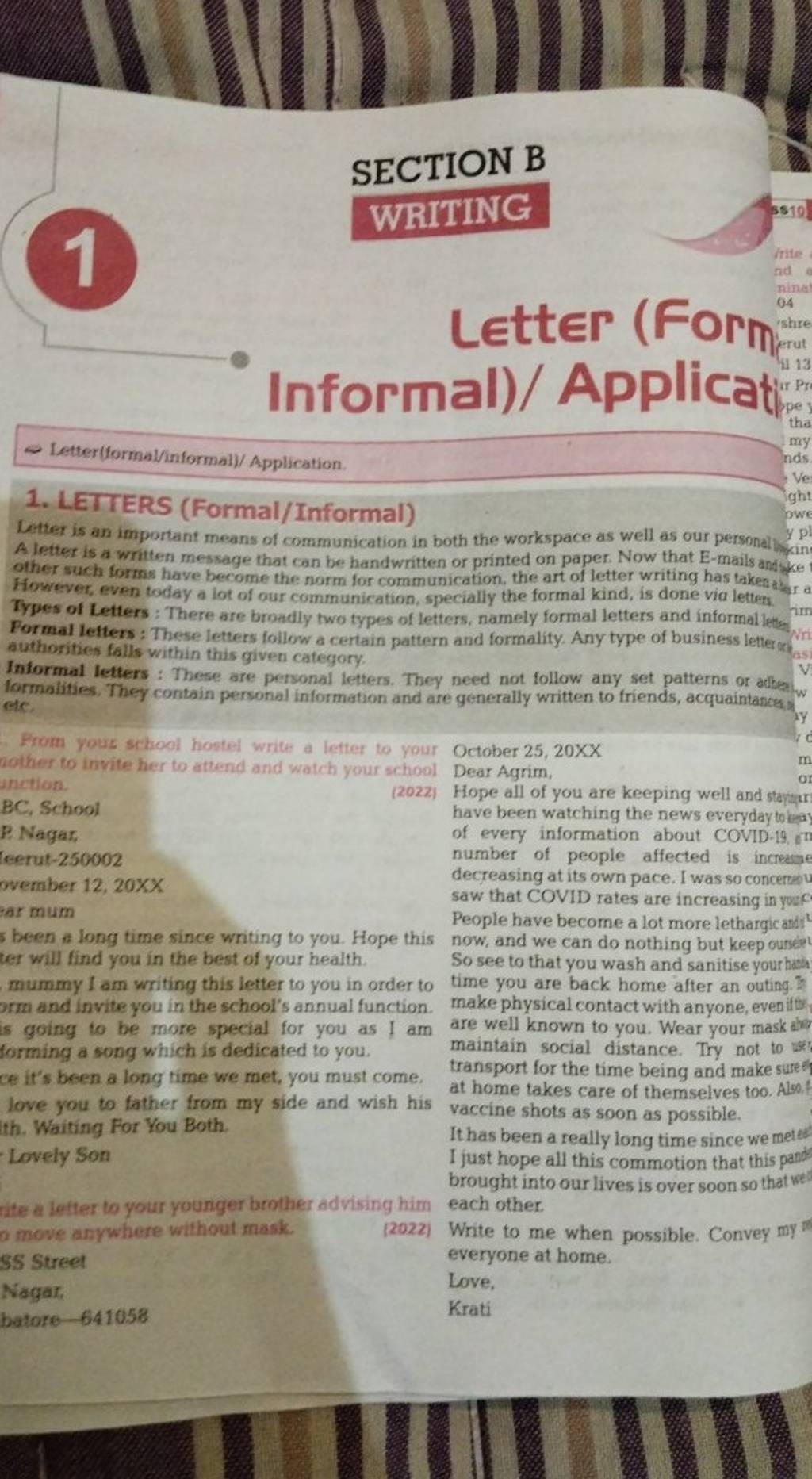 SECTION B WRITING Letter(formal/informali/ Application. 1. LETTERS (Forma..