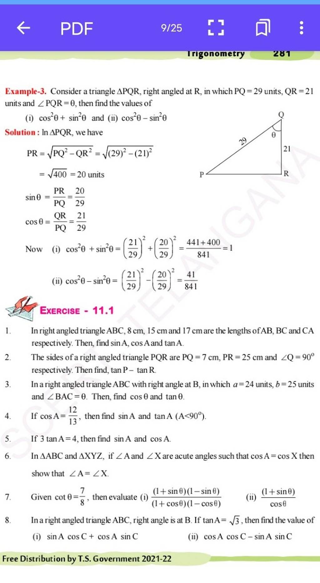Example-3. Consider a triangle PQR, right angled at R, in which PQ=29 un..
