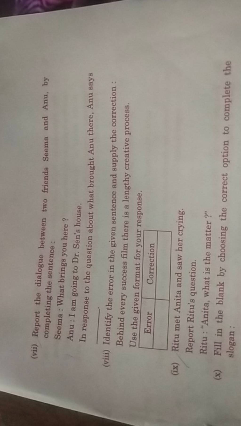 (vii) Report the dialogue between two friends Seema and Anu, by completin..