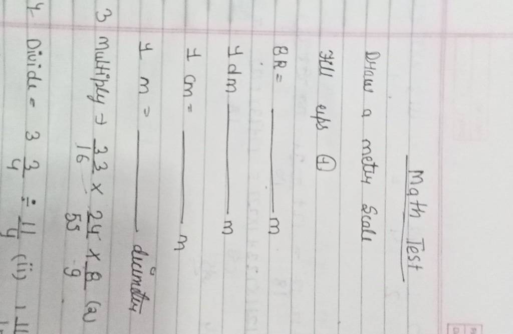 Math Test Draw a meter scale Fll eps (1) 8R=…m1dmm1 cm=m 1n= deimatur 3
