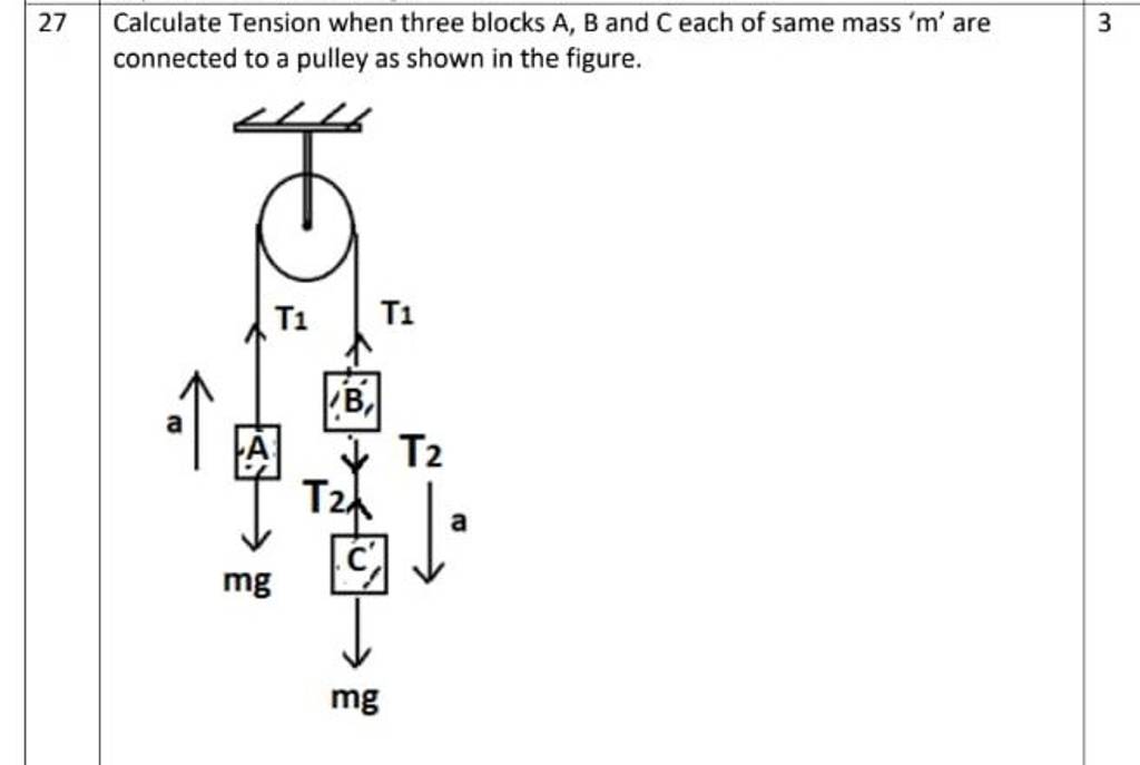 27 Calculate Tension when three blocks A, B and C each of same mass 'm' a..