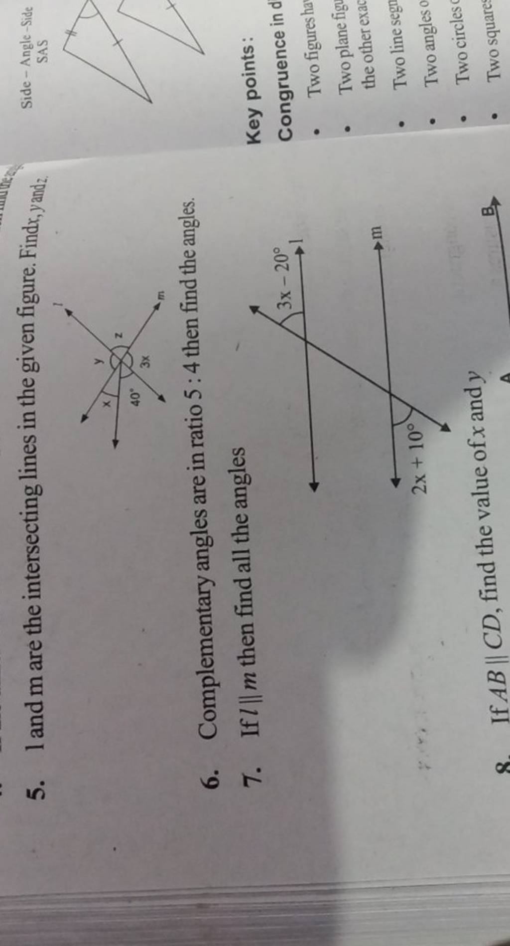 5. 1 and m are the intersecting lines in the given figure. Find x, y and