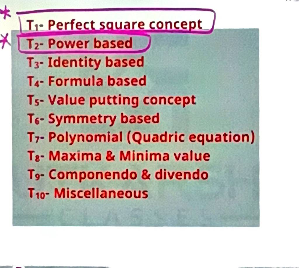 T1 - Perfect square concept T2 - Power based T3 -Identity based T4 - F.. T1 - Perfect square concept T2 - Power based T3 -Identity based T4 - F..