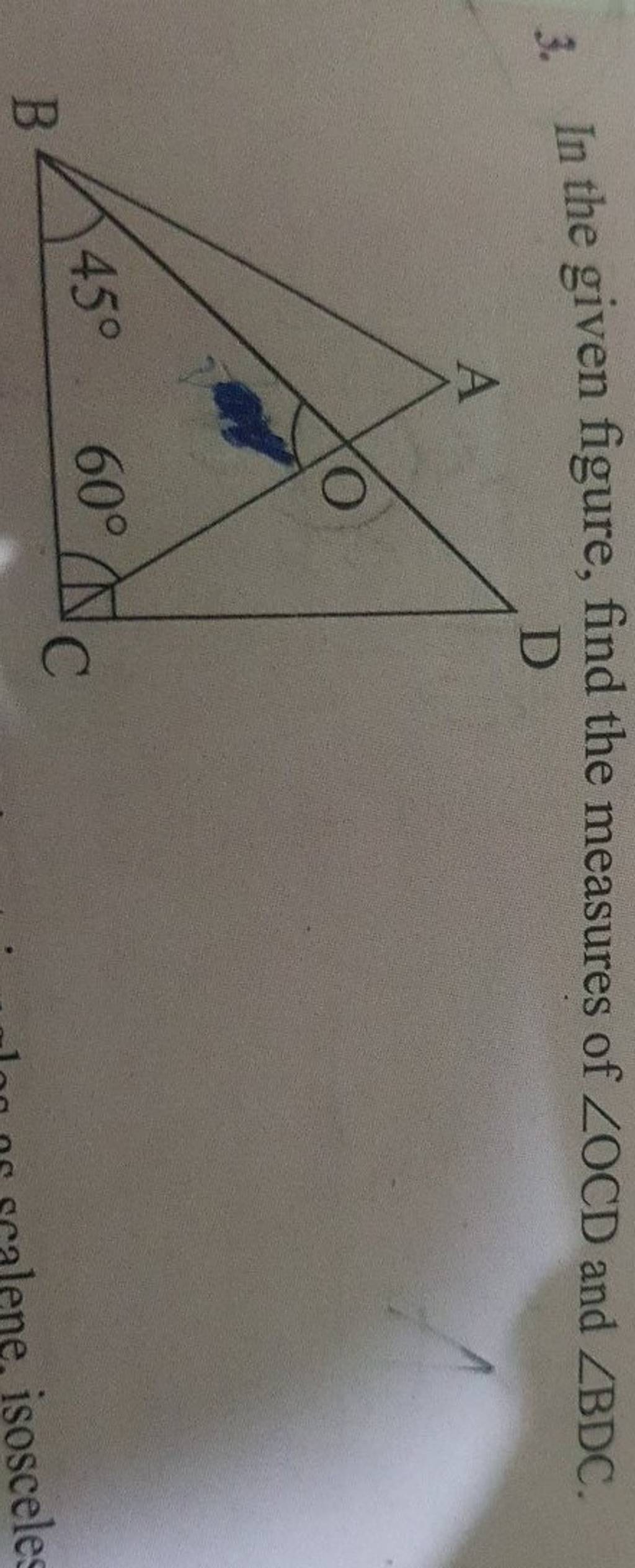 3. In the given figure, find the measures of ∠OCD and ∠BDC. | Filo