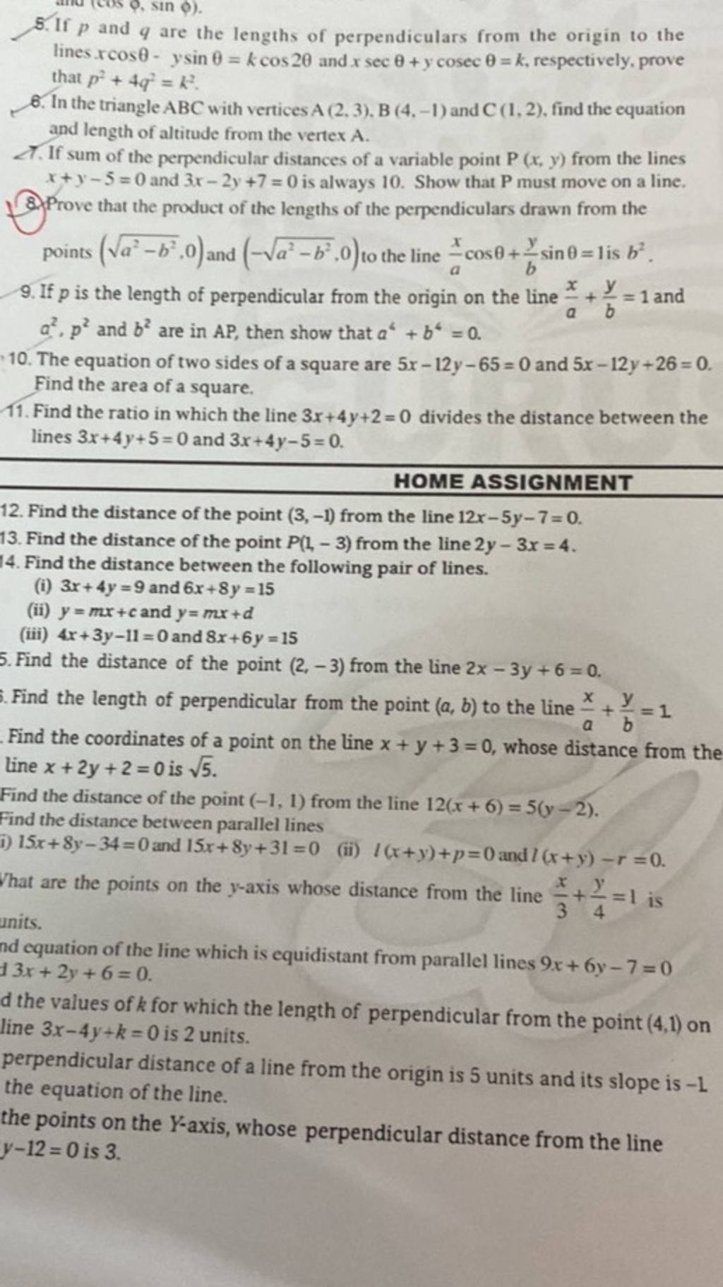 5. If p and q are the lengths of perpendiculars from the origin to the li..