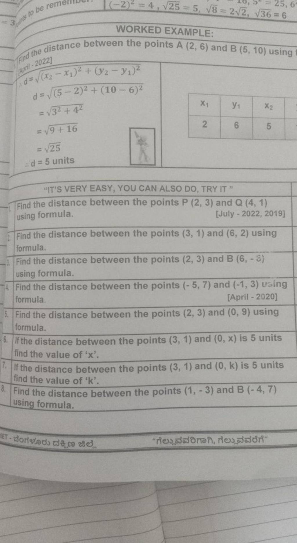 WORKED EXAMPLE: ind the distance between the points A(2,6) and B(5,10) us..