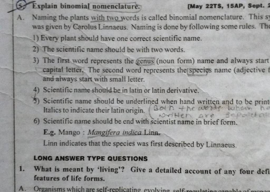 Explain binomial nomenclature. [May 22TS, 15AP, Sopt. A. Naming the plant..