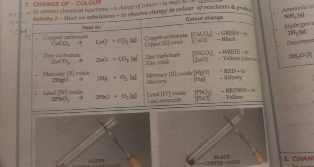 1. CHANGE OF-COLOUR In certain chemical reactions - a change of colour