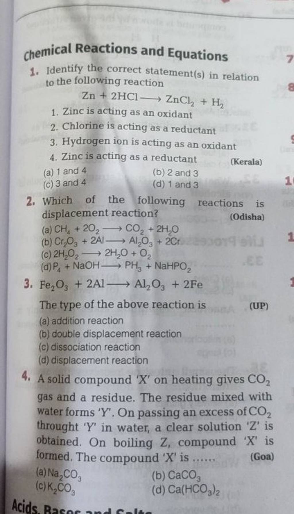 chemical Reactions and Equations 1. Identify the correct statement(s) in