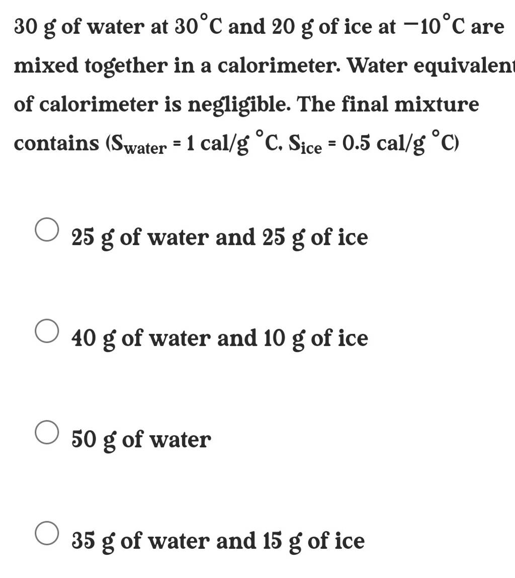 30 g of water at 30∘C and 20 g of ice at −10∘C are mixed together in a ca..
