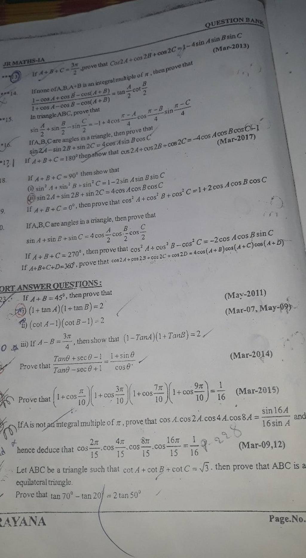 (3) if A+B+C=23π , prove that cos2A+cos2B+cos2C=1−4sinAsinBsinC Ifnonco A..