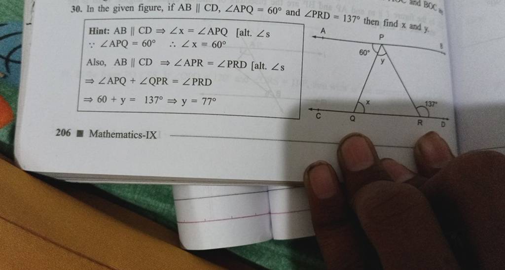 30. In the given figure, if AB∥CD,∠APQ=60∘ and ∠PRD=137∘ then find x and