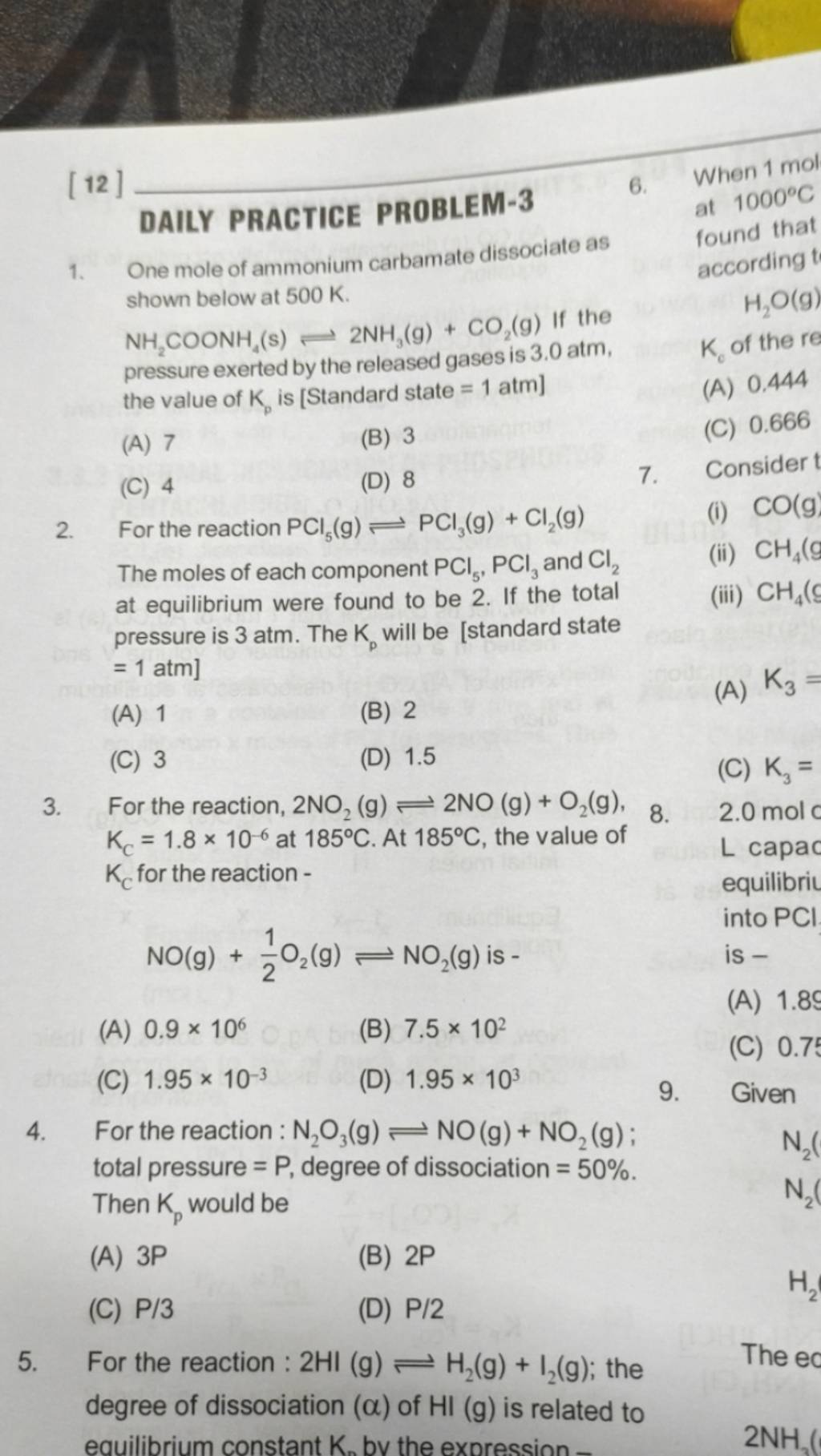 [12] DAILY PRACTICE PROBLEM-3 6. When 1 mol NH2 COONH4 ( s)⇌2NH3 ( g)+CO2..