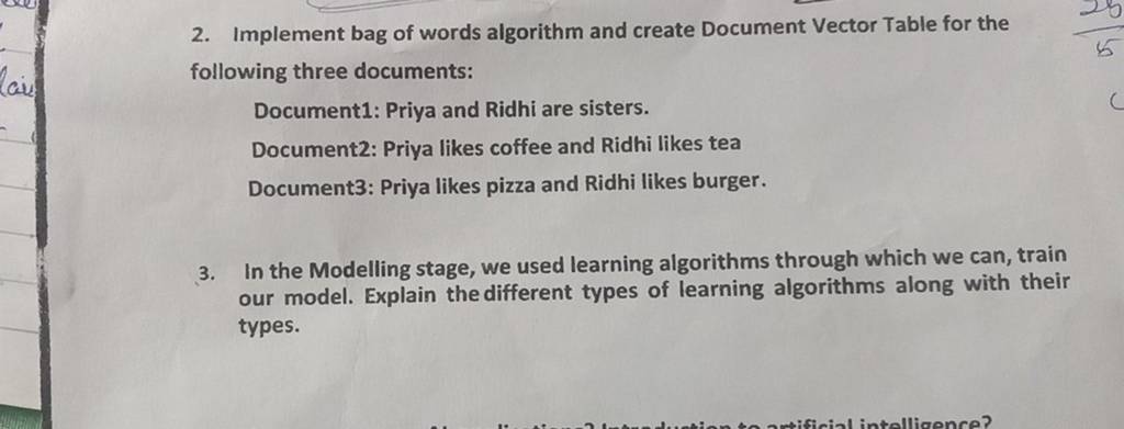 2 Implement Bag Of Words Algorithm And Create Document Vector Table For