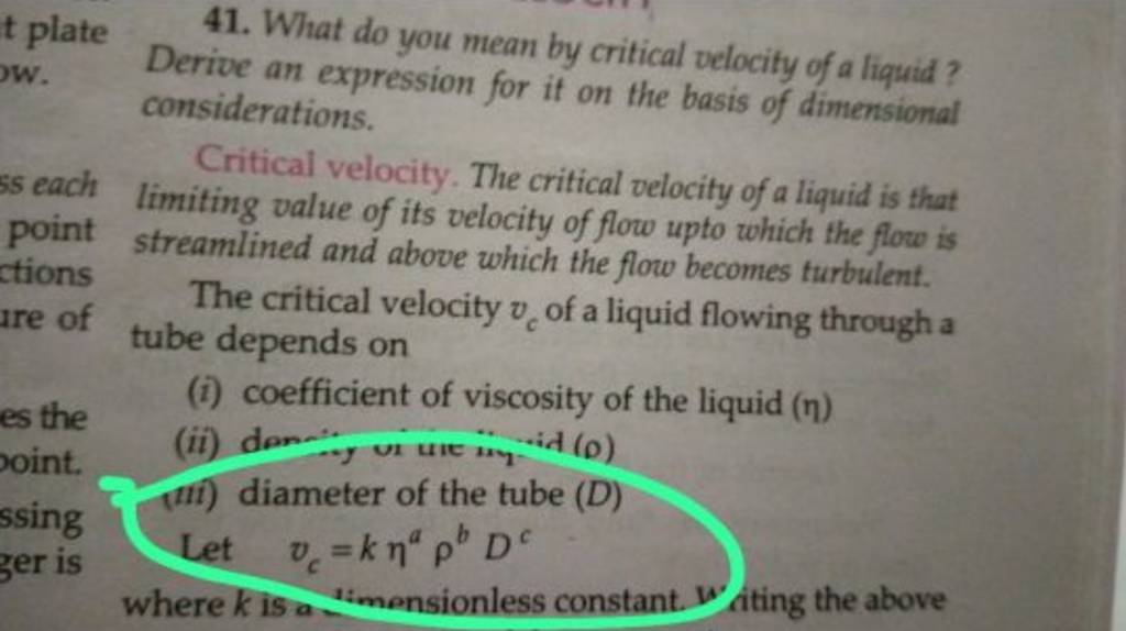 41. What do you mean by critical velocity of a liquid ? Derive an express..