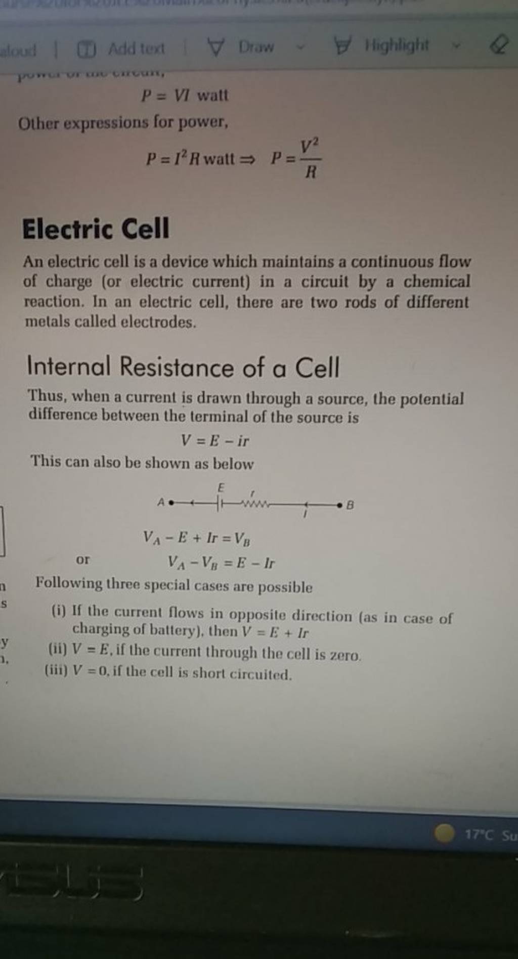 P=VI watt Other expressions for power, P=I2R watt ⇒P=RV2 Electric Cell