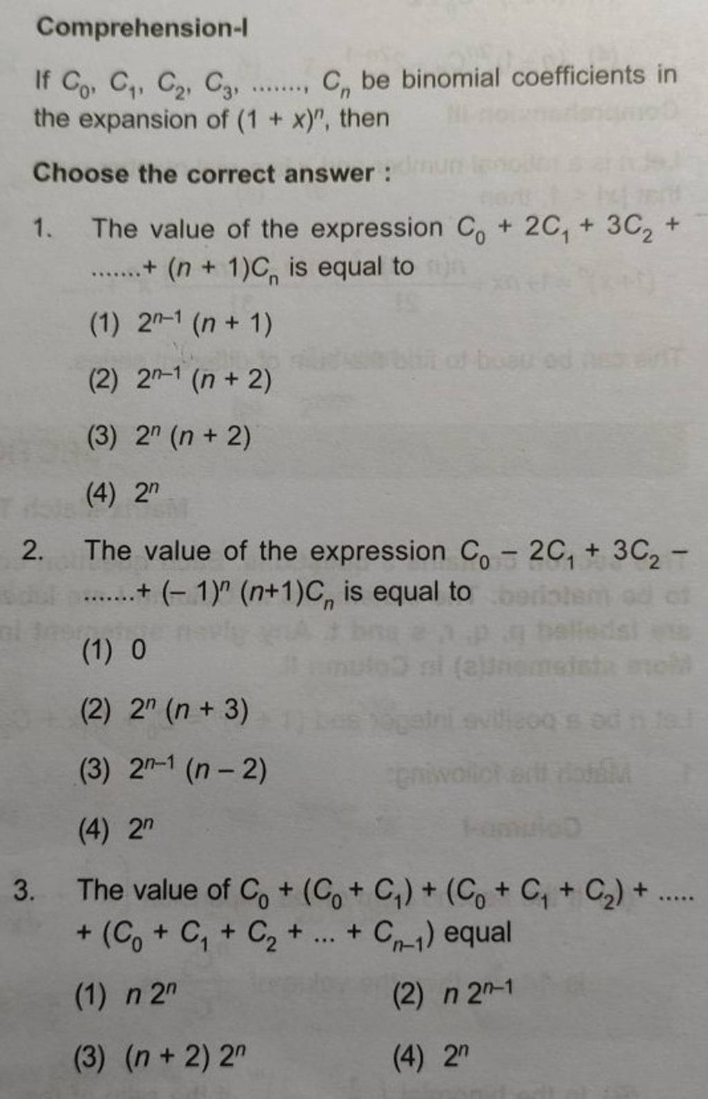 Comprehension-I If C0 ,C1 ,C2 ,C3 ,……,Cn be binomial coefficients in the..