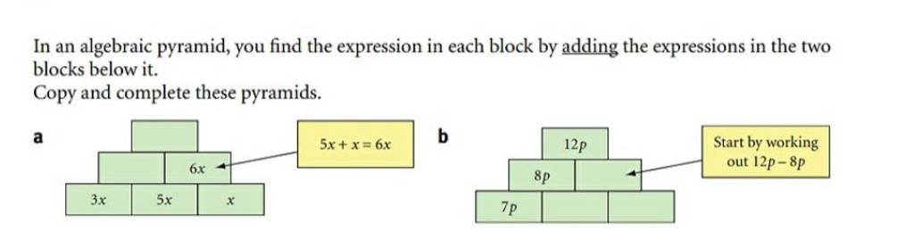 In an algebraic pyramid, you find the expression in each block by adding