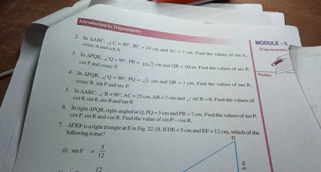 cotP and cosecP. 4. In PQR,∠Q=90∘,PQ=3 cm and QR=1 cm. Find the values