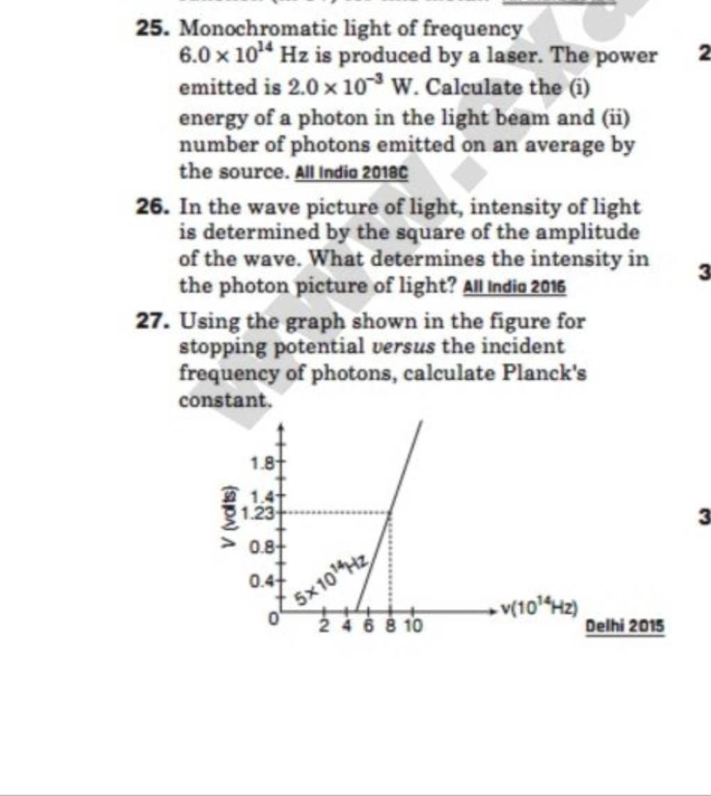 25. Monochromatic light of frequency 6.0×1014 Hz is produced by a laser.