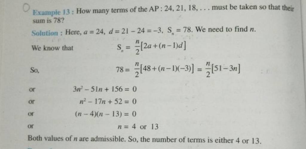 Exampie 13: How many terms of the AP : 24,21,18,… must be taken so that t..