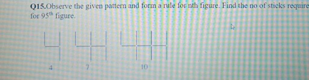Q15.Observe the given pattern and form a rule for nth figure. Find the no..